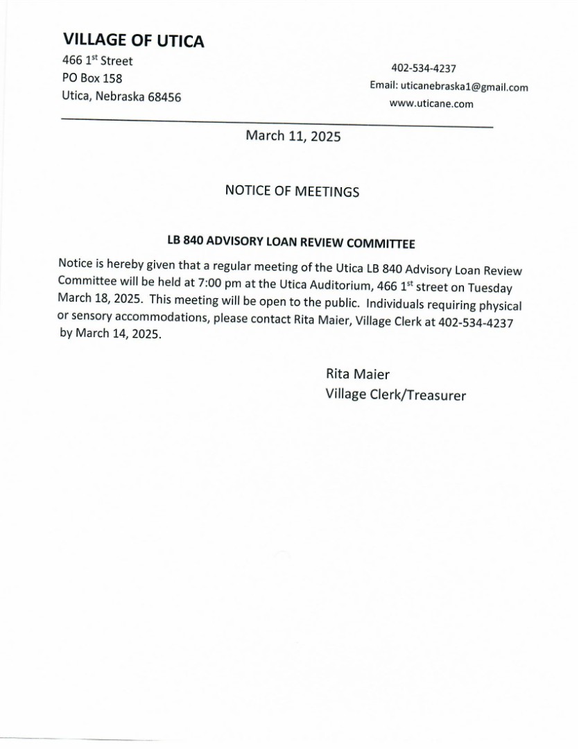 Village of Utica - LB 840 Review Committee